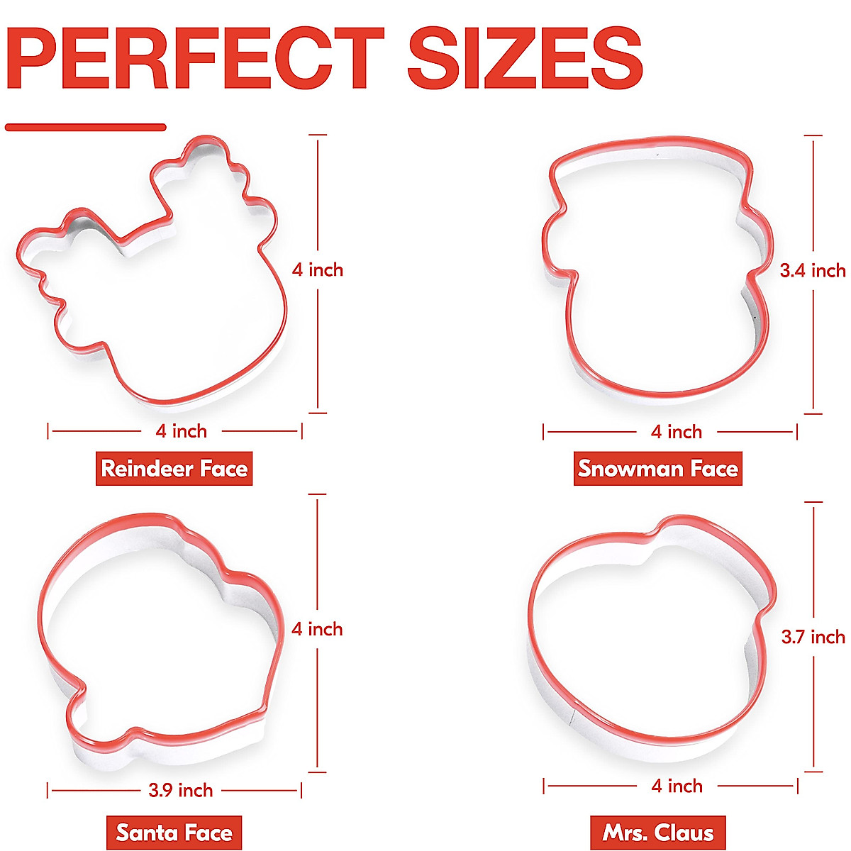 COOKIEQUE 4 Pieces Christmas Cookie Cutters Set with Santa Face, Reindeer Face, Snowman Face, Mrs. Claus Cookie Cutters for Baking Christmas Unique Design with Protective Red Top PVC