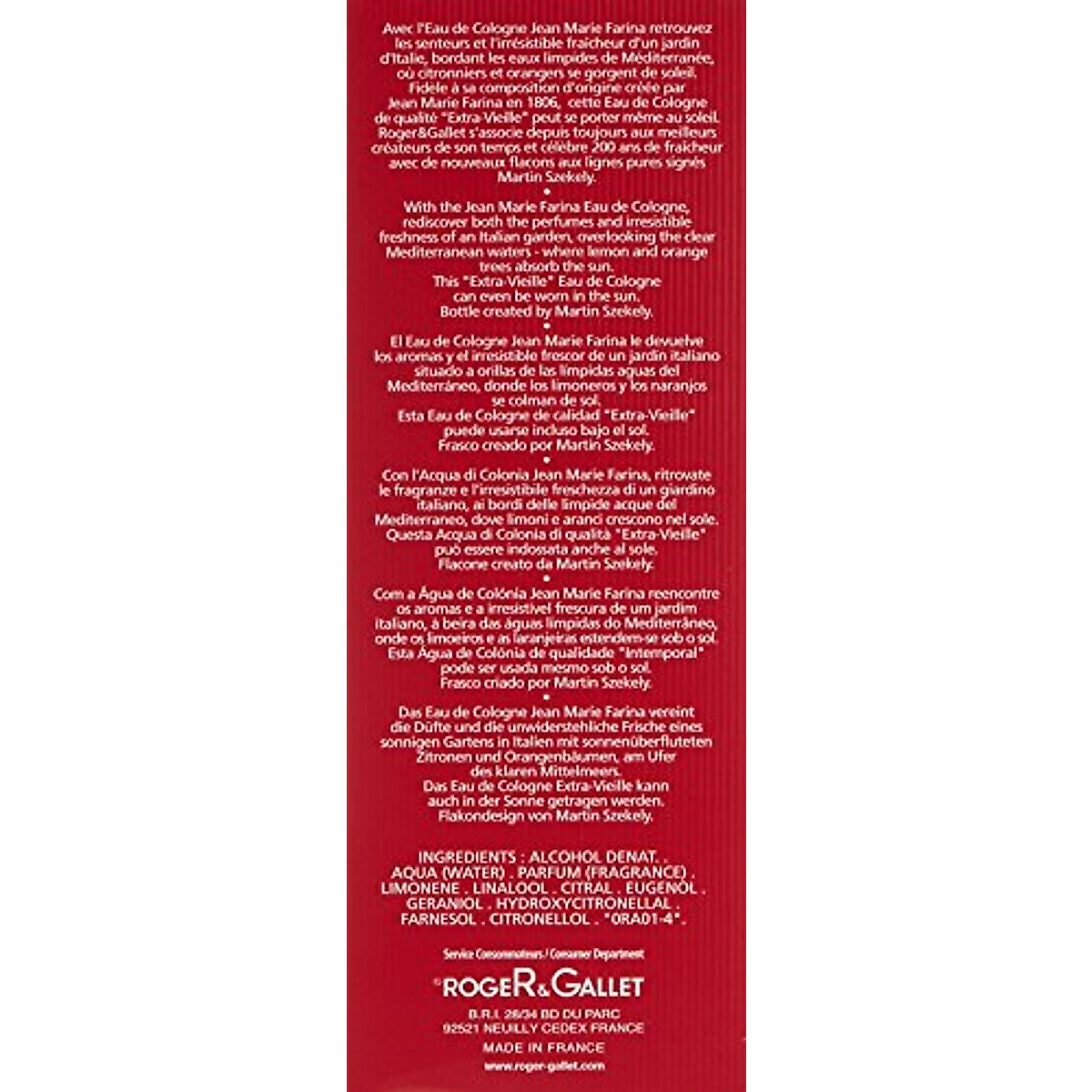 Roger & Gallet Extra Vieille Jean Marie Farina Unisex Eau De Cologne Spray, 6.6 Ounce
