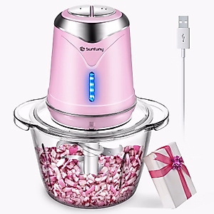 Food Processor 6000mAh Cordless Vegetable Chopper with 5 Cup Glass Bowl, Electric Garlic Meat Choppers BPA-free Baby Food Processors Blender Small Kitchen Mixer Mincer with 4 Blades, 2 Speeds (Pink)