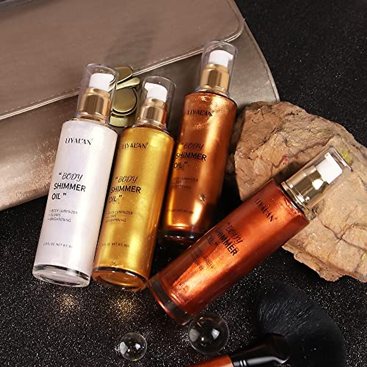 Liyalan Shimmer Body Oil Rose Gold 4 Color Bronze Face Brighten Glow Pearl Highlighter Illuminator Body Makeup Shine Glitter Gold Liquid Taning(2.8 Fl Oz/#02)