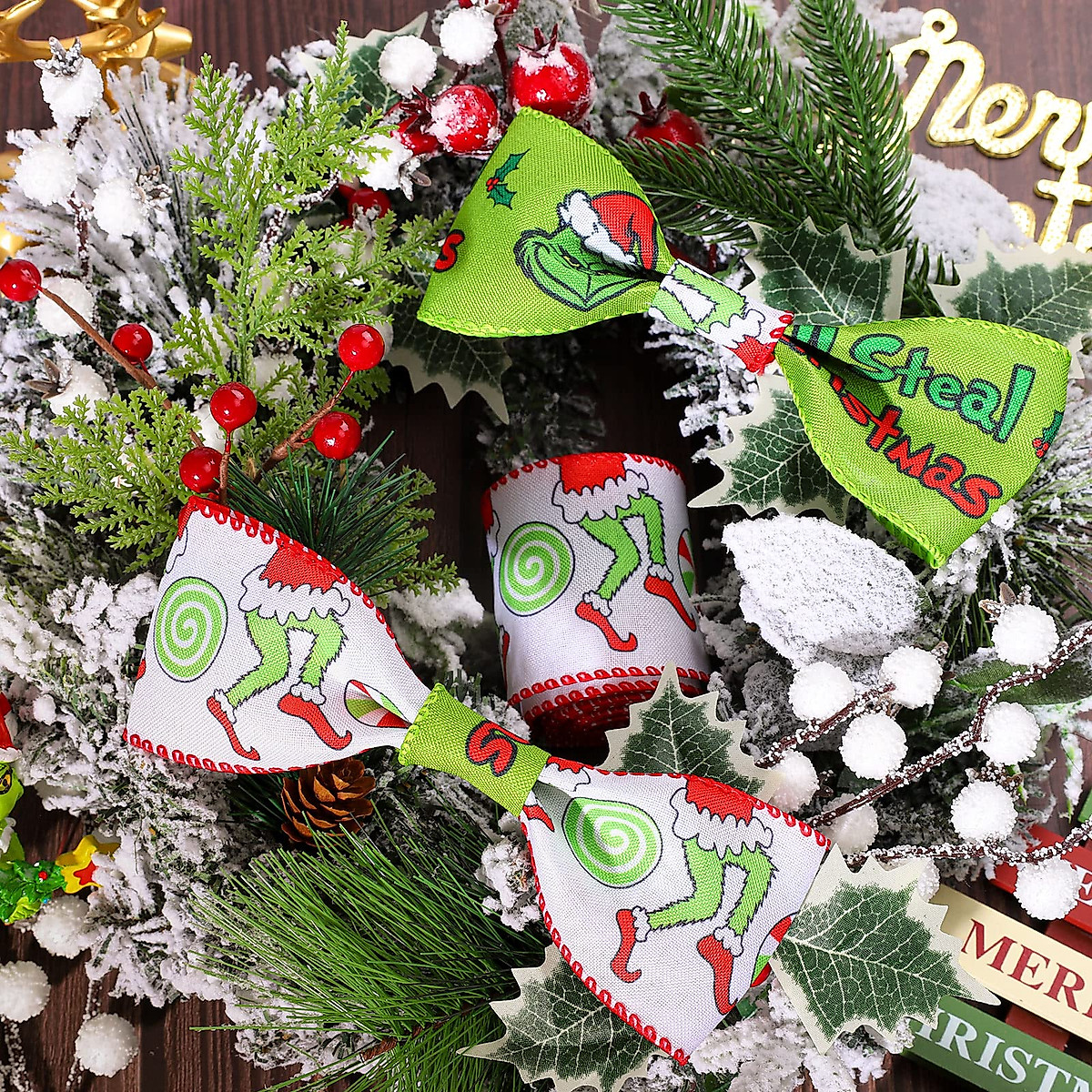 Whaline 12 Yards Christmas Wired Edge Ribbon Xmas Funny Cartoon Character Craft Ribbon Christmas Decorative Fabric Ribbon for Gift Wrapping DIY Floral Arrangement Wreath Bow, 2.5 Inch, 2 Roll