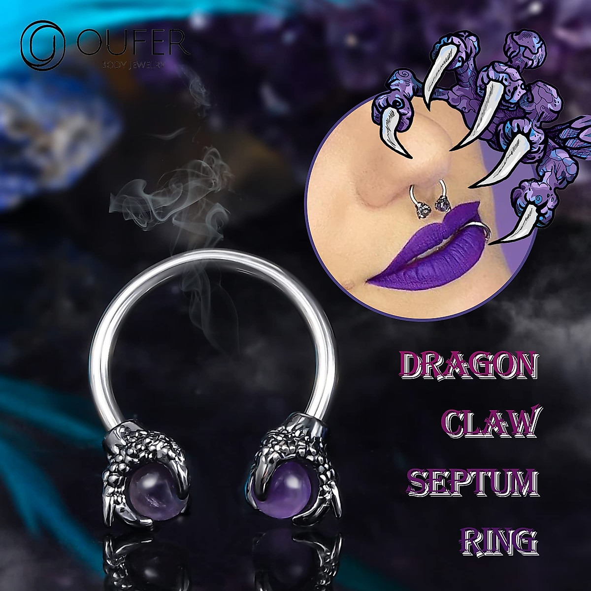OUFER 316L Surgical Steel Circular Earrings Two Amethyst Opals Surrounded by Dragon Claws Cartilage Earring Ear Body Piercing Jewelry Helix Earrings Piercing…
