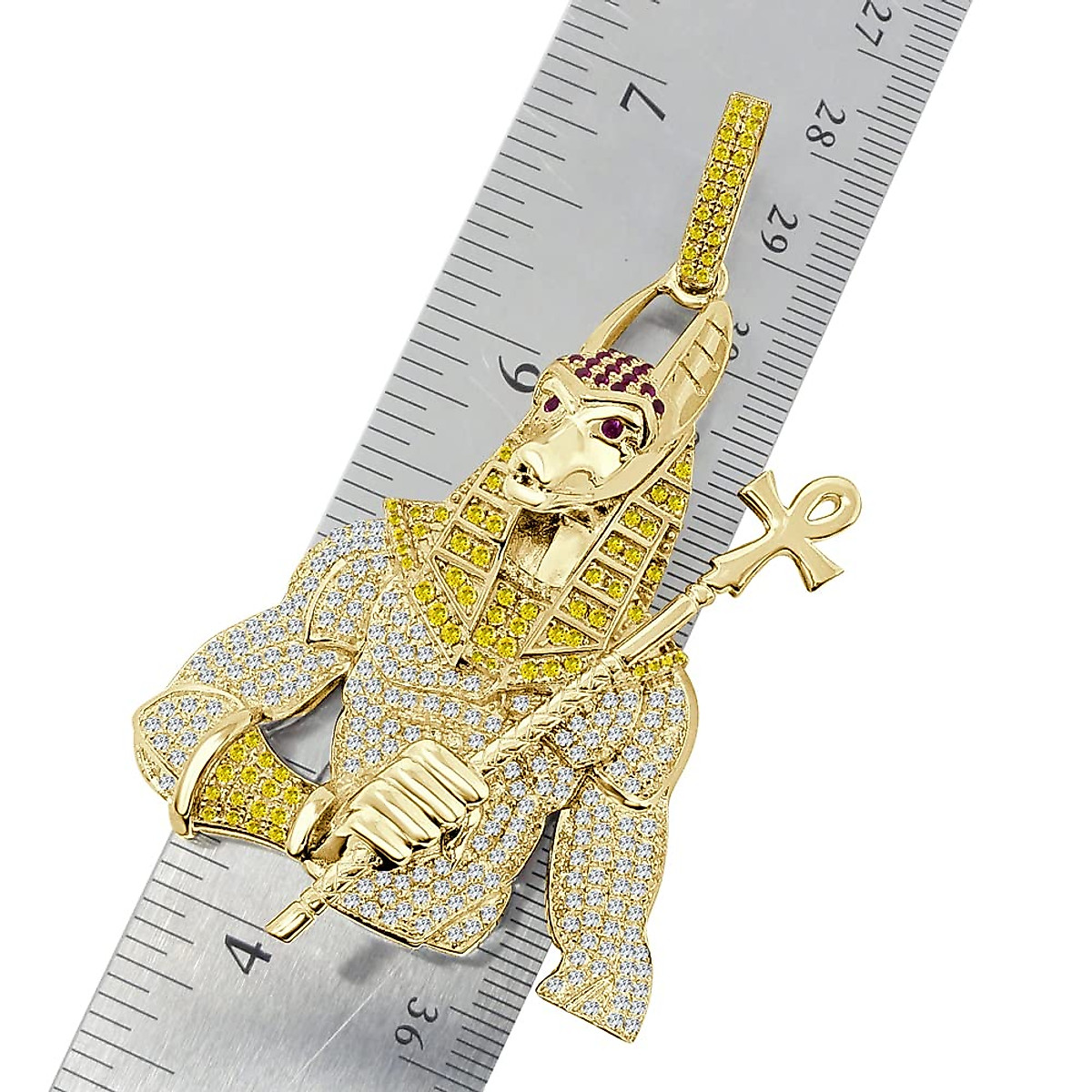 38+ Grams Big 3'' Real Authentic Sterling Silver 3.00 Cwt. Simulated Diamond 14K Gold Over Egyptian God Anubis Ankh Cross Custom Pendant Pharaoh Charm (Yellow Gold Finish)