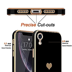 Teageo Compatible with iPhone Xr Case for Women Girl Cute Love-Heart Luxury Bling Plating Soft Back Cover Raised Full Camera Protection Bumper Silicone Shockproof Phone Case for iPhone Xr, Black