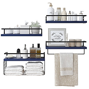 LUDORU Wood Floating Shelves Wall Mounted - 4+1 Tier Rustic Bathroom Wall Shelves Over Toilet with Wire Storage Basket and Towel Bar, set of 4 Farmhouse Floating Shelf for Bathroom, Kitchen,Navy Blue.