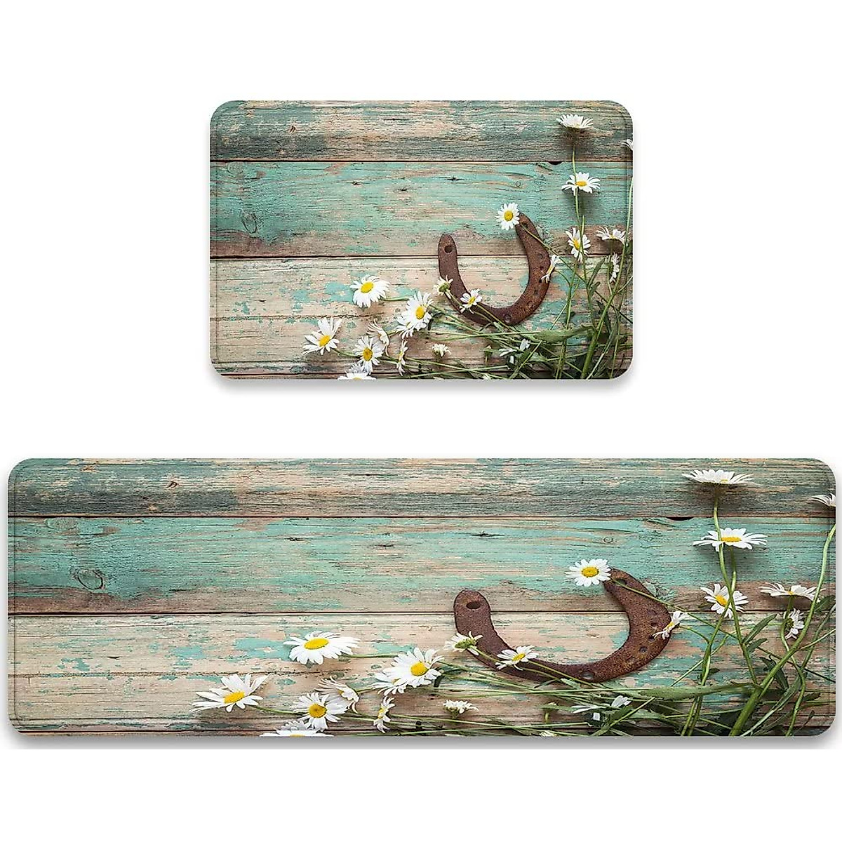 Rustic Horseshoe Kitchen Mat Set of 2 White Daisy Flower Kitchen Rugs and Mats Non Skid Washable Western Country Teal Wooden Barn Retro Cushioned Comfort Standing Mat for Floor,Sink,Laundry,Bathroom