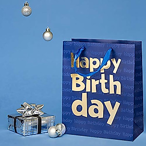 Loveinside Paper Gift Bags Gold Metallic Happy Birthday Printed Medium Gift Bags for Birthday - 10.2''x12.5''x4.7'', Navy Blue