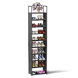 Shoe Rack Narrow Shoe Rack 10 Tiers Tall Shoe Rack for Entryway, Metal Shoe Rack Holds 20-22 Pairs, Stackable Shoe Stand Vertical Shoe Tower for Entryway, Closet, Garage, Bedroom, Cloakroom, Black