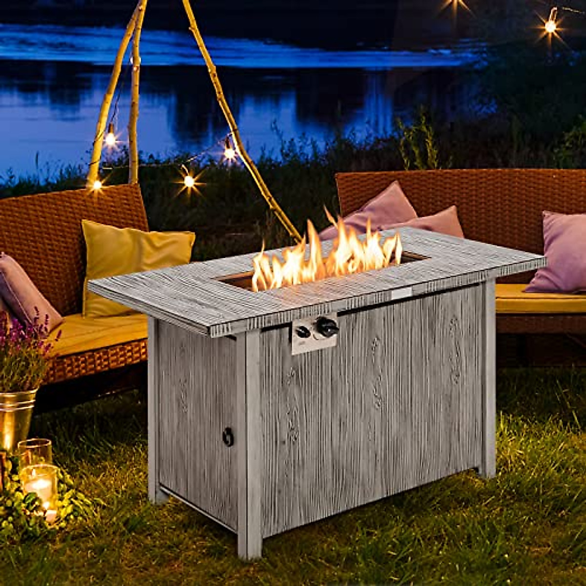 HAPPYGRILL 43 Inches Outdoor Propane Fire Pit Table, 50,000 BTU Gas Fire Pit Table with Lid, Protective Cover and Lava Rocks, Pulse Ignition Gas Fire Table for Backyard Garden Patio, CSA Certification