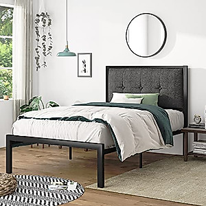 IMUsee Twin Size Bed Frame with Upholstered Button Tufted Headboard, Heavy Duty Platform Bed with 17 Strong Metal Slats Support, 11” Storage Space, Easy Assembly, Noise Free, No Box Spring Needed