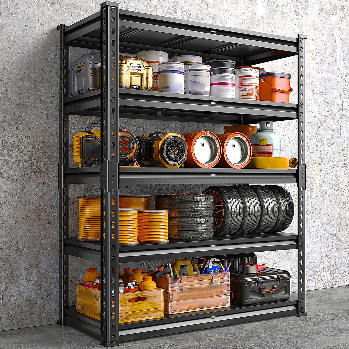 REIBII 72" H Garage Shelving 5-Tier Heavy Duty Storage Shelves 2000LBS Metal Storage Utility Rack for Commercial Warehouse Pantry Kitchen,Black,72" Hx 40" Wx18 D