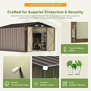 Patiolife 10x12 FT Metal Outdoor Storage Shed, All-Weather Garden Tool Shed with Lockable Door & Sloping Roof, for Backyard and Garden Patio, Brown