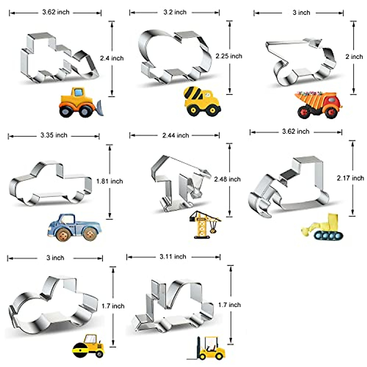 Construction Truck Cookie Cutter Set of 8 - Bulldozer Cement Mixer Dump Truck Pickup Truck Crane Excavator Forklift - Construction Equipment Engineering Vehicle Car Cookie Cutters Shapes Mold for Kids