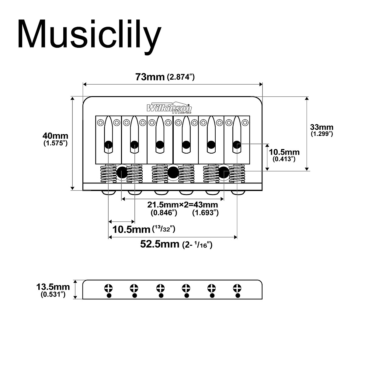 Wilkinson 52.5mm (2-1/16 inch) String Spacing Hardtail Fixed Bridge Solid Saddle for Squier/Mexico Fender Strat Electric Guitar, Chrome