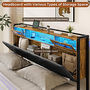 DICTAC Queen LED Bed Frame with Bookcase Storage Headboard, Charging Station,Hidden Storage Space Metal Platform Bed Frame with Storage Shelves & LED Lights,Faux Leather,Heavy Duty Metal Slats,Black