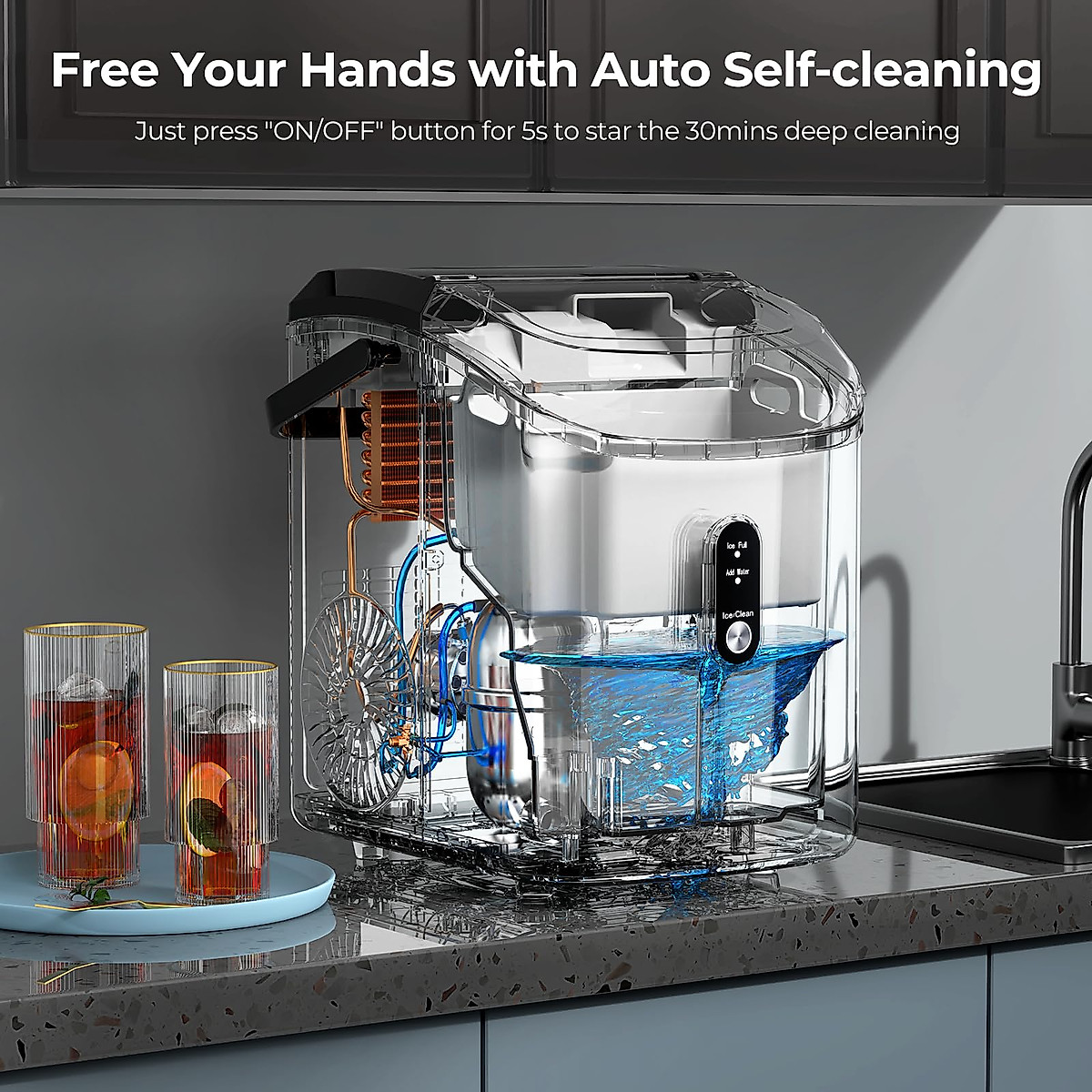 Nugget Ice Makers Countertop with Soft Chewable Pellet Ice, Stainless Steel Black, 7Mins Ice Making, 35.5Lbs/24Hrs, Pebble Ice Maker with Self-Cleaning/Basket/Scoop for Home/Office/Bar