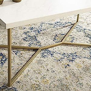 Walker Edison Mid Century Modern Marble Gold Rectangle Coffee Table Living Room Accent Ottoman Storage Shelf, 42 Inch, Marble and Gold