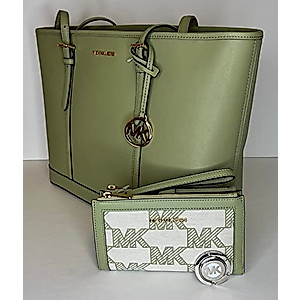 Michael Kors Jet Set Travel Large TZ Shoulder Tote bundled with Double Zip Wristlet and Purse Hook (Light Sage/MK)