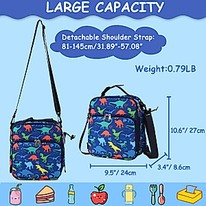 RAVUO Lunch Bag for Kids, Insulated Lunch Box Large Reusable Lunch Tote with Detachable Shoulder Strap,Water Resistant Thermal School Lunch Cooler for Girls and Boys (Dinosaur)