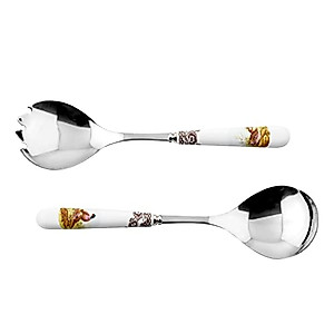 Spode Woodland Salad Servers | Salad Serving Utensils (Pheasant/Quail/Pintail Duck) | Salad Spoons with Porcelain Handles, Set of 2