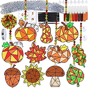 Winlyn 33 Sets Fall Leaf Pumpkin Acorn Sunflower Suncatchers Ornaments Decorations DIY Window Paint Art Suncatchers Craft Kits Autumn Sun Catchers for Kids Classroom Activity Thanksgiving Art Project