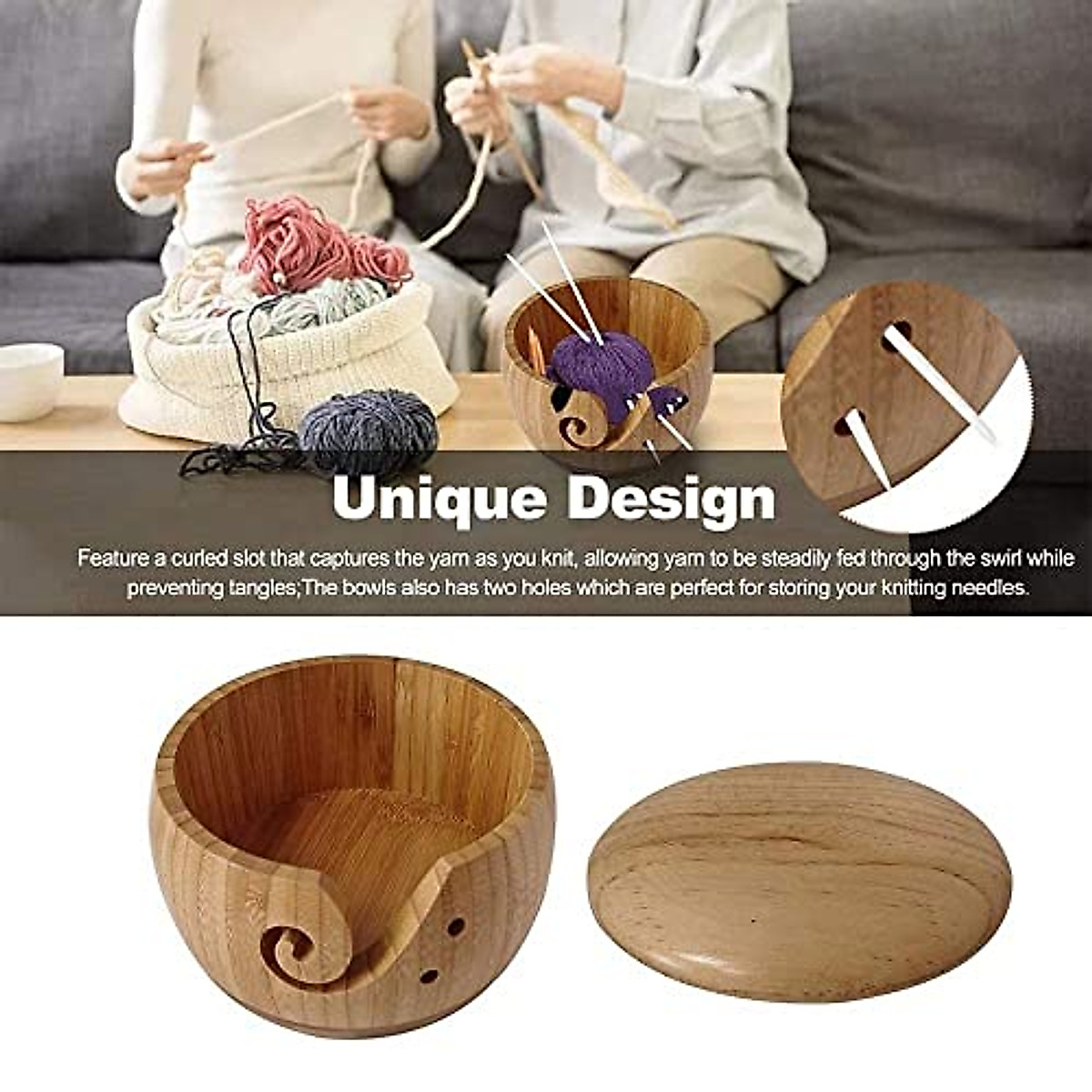 gofidin Craft DIY Arts with Handmade Holes Knitting Crochet Weaving Tool Wool Holder Organizer Wooden Yarn Bowl Woolen Knitting Storage Basket(2)
