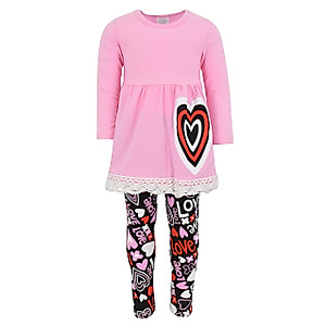 Unique Baby Girls Valentines Day Outfit Layered Heart Toddler Lace Trim Legging Set (7 Years, Pink)