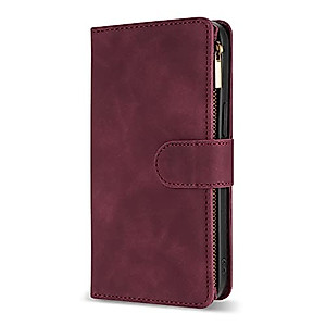 ZZXX iPhone 12 Case Wallet,iPhone 12 Pro Wallet Case with Card Slot Premium Soft PU Leather Zipper Flip Folio Wallet with Wrist Strap Kickstand Protective for iPhone 12 Wallet Case(Wine Red 6.1 inch)