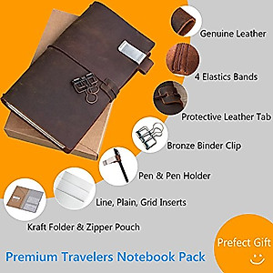 newestor Refillable Leather Journal Travelers Notebook - 8.5 x 4.5 Travel Diary with 5 Inserts + Pen Holder and Binder Clip, Standard Size, Brown