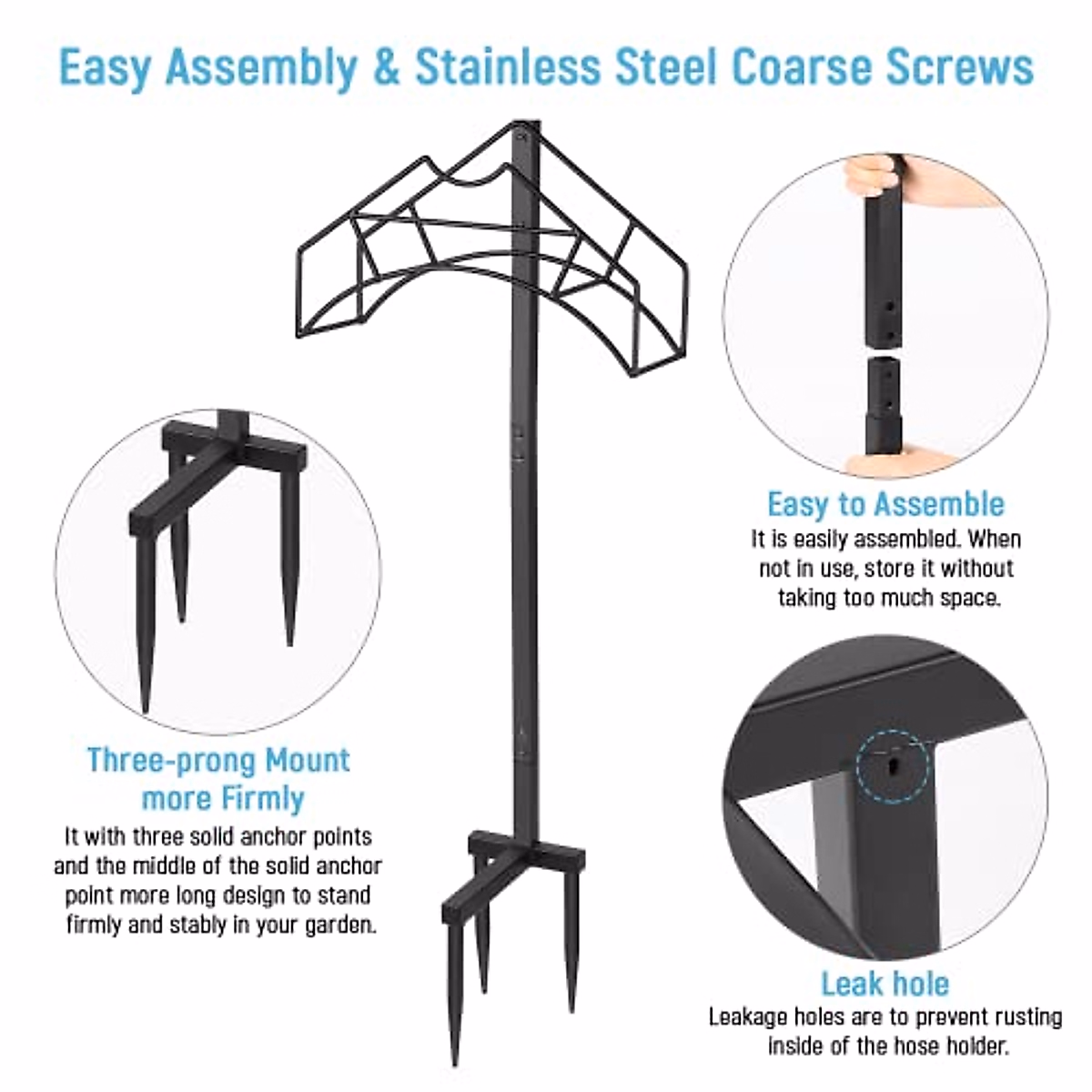 RichYa Garden Hose Holder Hose Holder Free Standing Detachable Metal Hose Hanger Heavy Duty Hose Storage Hose Stand for Outside Yard, Black