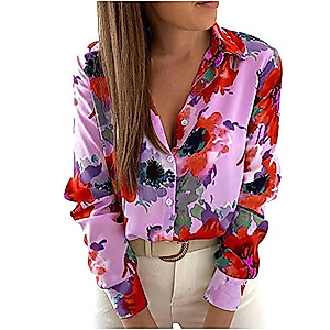 lcziwo Button Down Floral Printed Shirts for Women Casual Turn -Down Collar Blouse Shirt Long Sleeve V Neck Top Purple