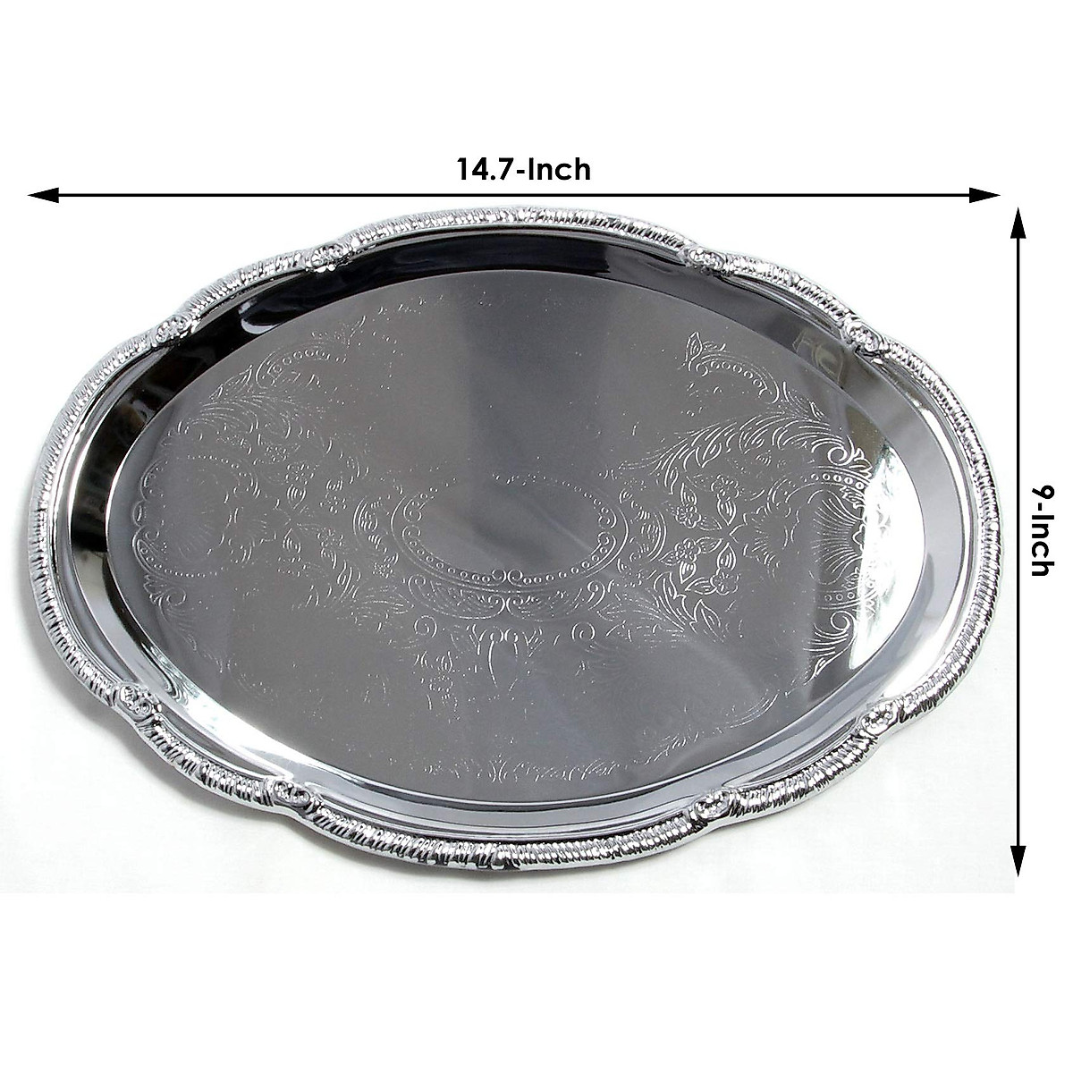 Maro Megastore (Pack of 4) 14.7" x 10.6" Oval Shape Chrome Plated Serving Tray Plate Food Art Deco Floral Pattern Engraved Multi-Purpose Holiday Party Buffet Wedding Birthday (Large) T125L-4PK