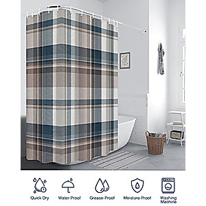 BestLives Shower Curtain Check Plaid Brown and Blue Bath Curtain Buffalo Texture Waffle Fabric Waterproof Bathroom Curtain with Hooks 72 x 84 Inches