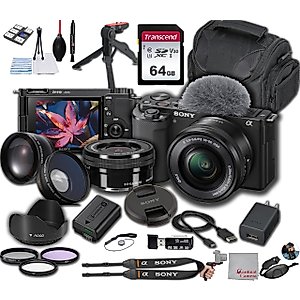 Sony ZV-E10 Mirrorless Camera with 16-50mm Lens 64GB Memory, Wide and Telephoto Lenses, Case. Filters Hood, Grip, & More-Pro Bundle