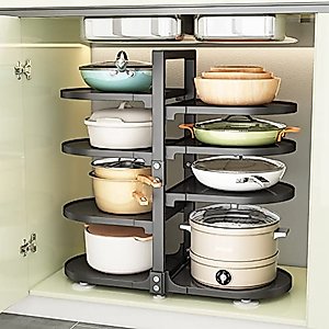 Pots and Pans Organizer for Cabinet, 8 Tier Snap-on and Adjustable Pan Organizer Rack for Under Cabinet, Pot Organizer for Kitchen Storage, Pot Lid Organizer with Panels (8 Tier, Round)