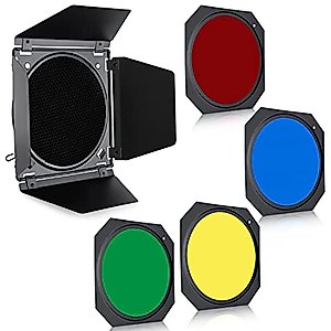 NEEWER Metal Barn Door & Honeycomb Grid & 4 Color Gel Filters Set for 7” Standard Reflector Bowens Mount, Compatible with NEEWER RGB CB60/CB60/CB100/CB150/CB200B and Other Studio Flash Light