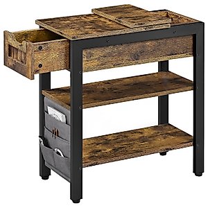 Yaheetech Narrow End Table, Flip Top Side Table with Drawer and Shelves, Wooden Nightstand Bedside Table with Removable Fabric Bag for Living Room/Bedroom/Small Space, Rustic Brown