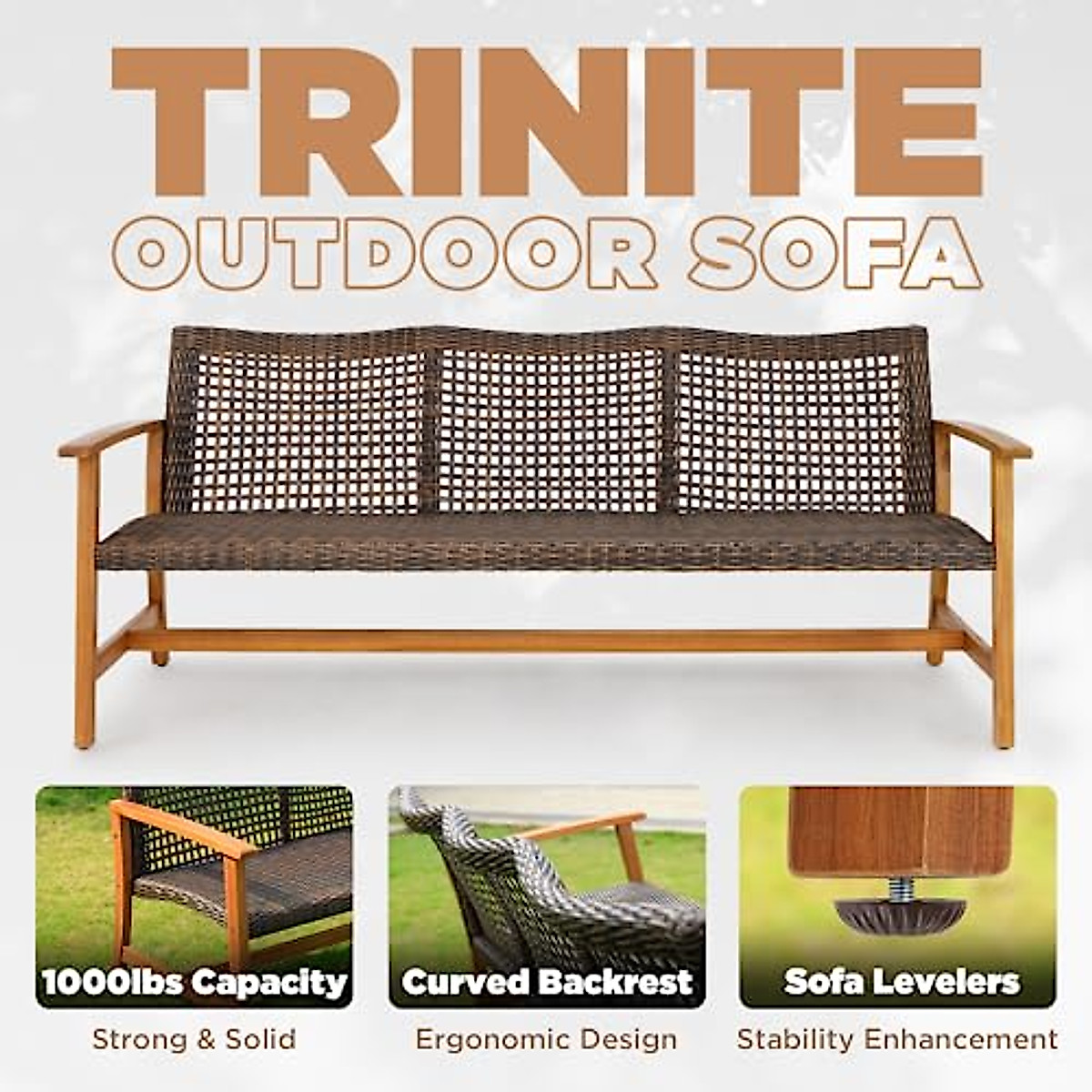 IDZO 1000lbs Capacity, FSC Certified 3 Seater Patio Couch with Upgraded 2000Hours UV Resistant Wicker, Teak Finish Furniture Set, Trinite Acacia Outdoor Sofa_Brown