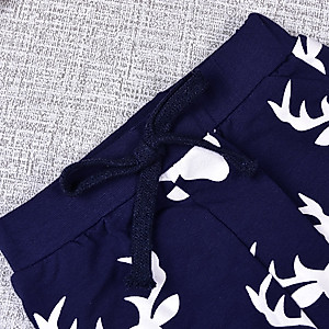 2PCs Baby Deer Print Hoodies with Pocket Top + Striped Long Pants Autumn Outfit Set (6-12M(Tag80), Grey&Dark Blue)