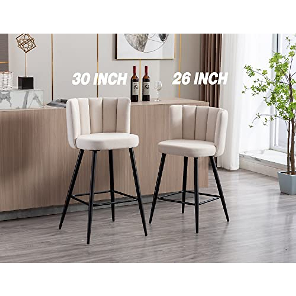 Kmax 30 Inch Bar Stools Set of 2 Modern Fabric Bar Stools with Black Footrest Petals Seat for Kitchen Island&Bar, Beige