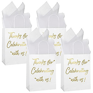 Cooraby 24 Pack White Kraft Paper Bags with Handles Thanks for Celebrating with Us Bags Party Favor Bags Medium Gift Bags Party Favor Bags with Tissue Papers for Birthday, Wedding, Baby Shower