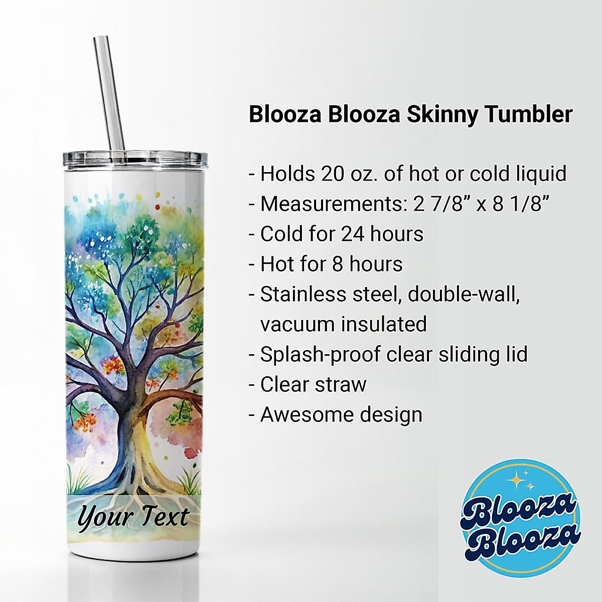 Personalized Custom Name Text Tree Of Life Rainbow Watercolor Skinny Tumbler 20oz with Straw Insulated Water Bottle Gift - 1 Line Horizontal