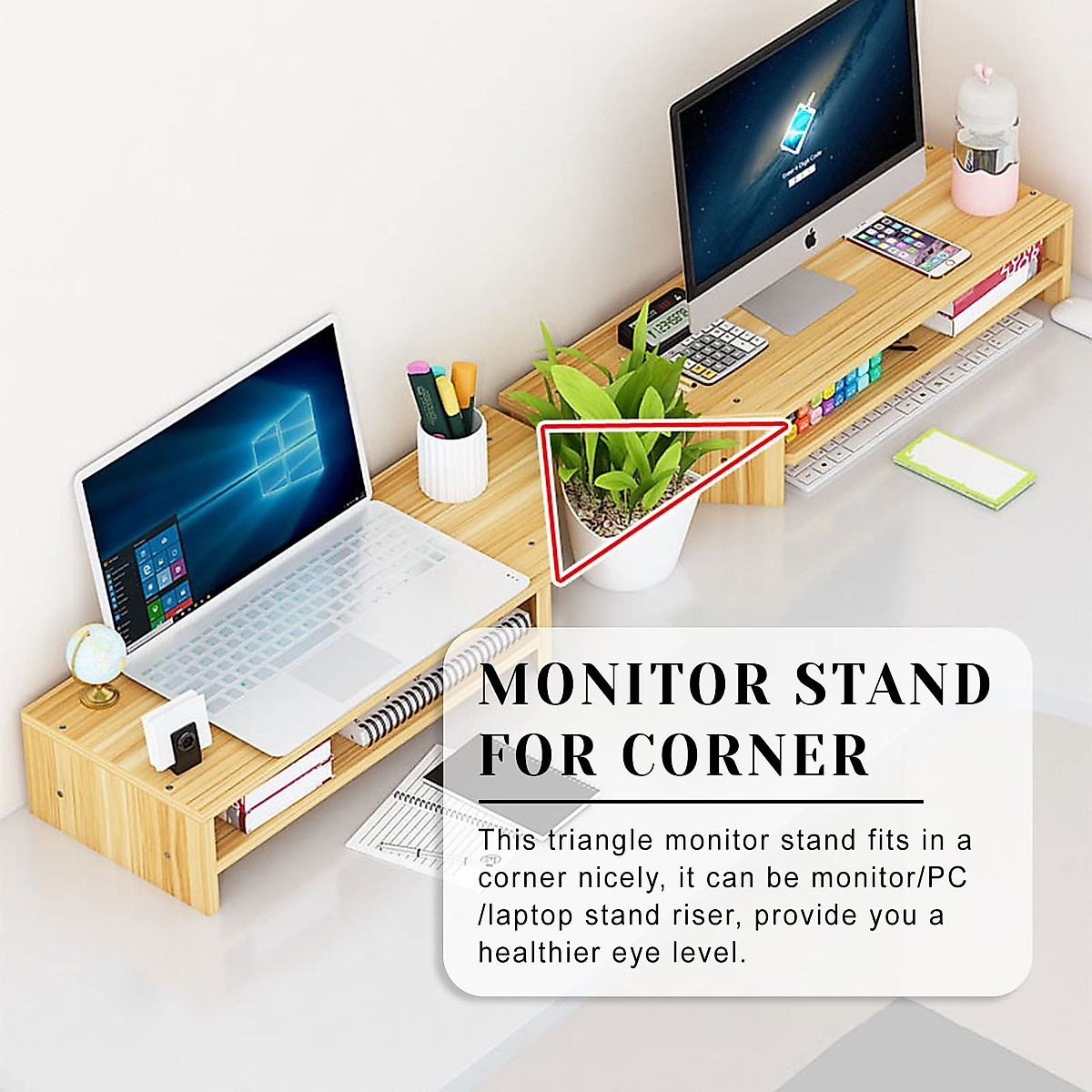 Wooden Dual Monitor Riser with Storage Shelf, Ergonomic Computer Monitor Stand, Workstation Large Screen Riser, L Shaped Desktop Corner Shelf