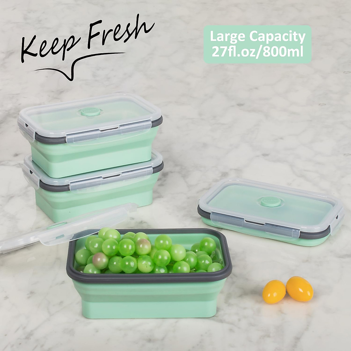 Annaklin Collapsible Food Storage Containers with Lids & Vent, 27 oz, Kitchen Stacking Silicone Collapsible Meal Prep Container Set for Leftover, Microwave Freezer Dishwasher Safe, Mint Green, 4 Pack
