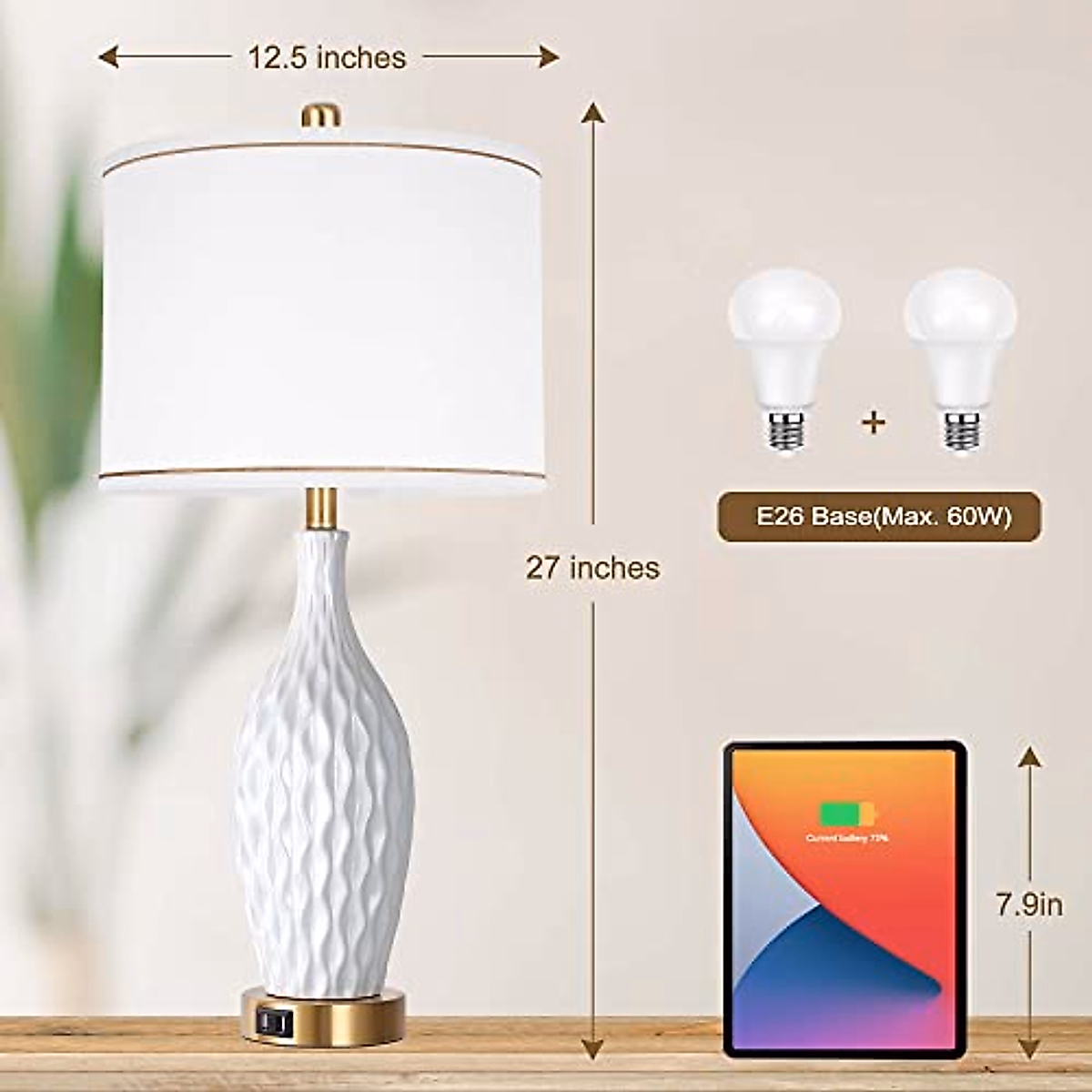 Vpazg White Table Lamp Set of 2, 3-Way Dimmable Touch Control Gold Bedside Lamps with USB Ports, 27inch Modern Ceramic Nightstand Lamp for Bedroom Living Room, Linen Shade (LED Bulb Included)