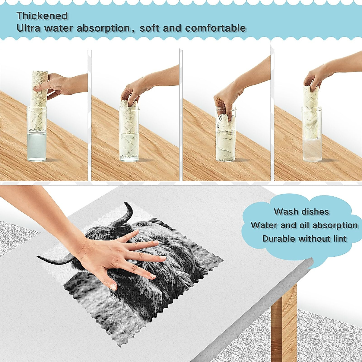 Black White Scottish Highland Cow Vintage Style 6 Set Kitchen Dish Towels, Washcloths Cleaning Cloths Dish Cloths, Absorbent Towels Lint Free Bar Tea Soft Waffle Towel 11"x11"