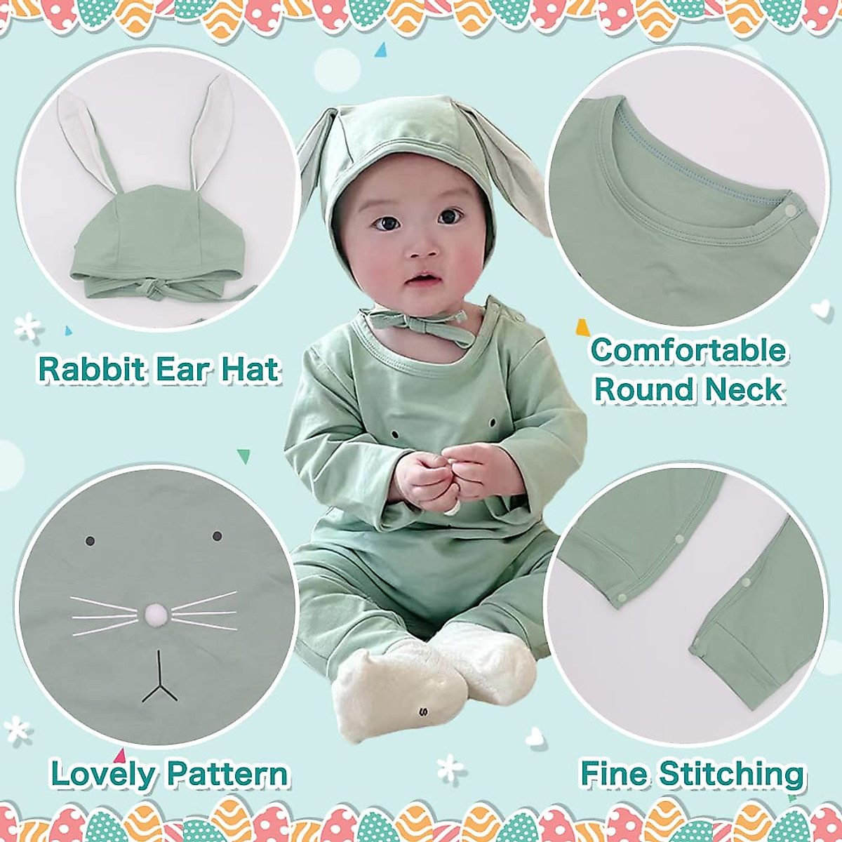 XIFAMNIY Easter Outfits Baby Girls Boys Bunny Romper Bodysuit Jumpsuit Infant Newborn with Rabbit Hat