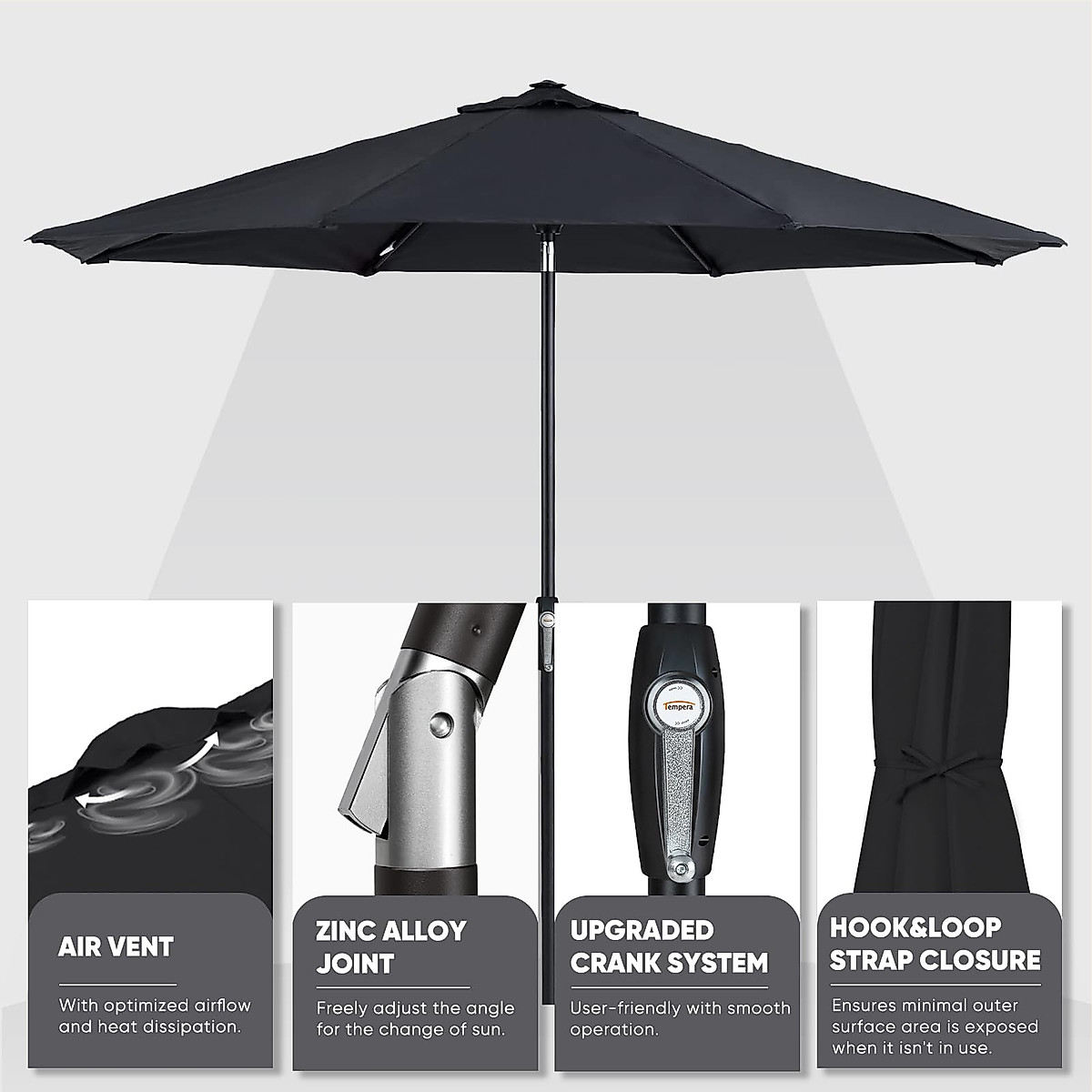 Tempera 9ft Patio Market Outdoor Table Umbrella with Auto Tilt and Crank,Large Sun Umbrella with Sturdy Pole&Fade resistant canopy,Easy to set, Space Grey