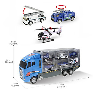 Jenilily Police Car Toy Blue Truck Toy Transporter Mini Vehicles Playsets in Carrier Truck for Kids 3 4 5 6
