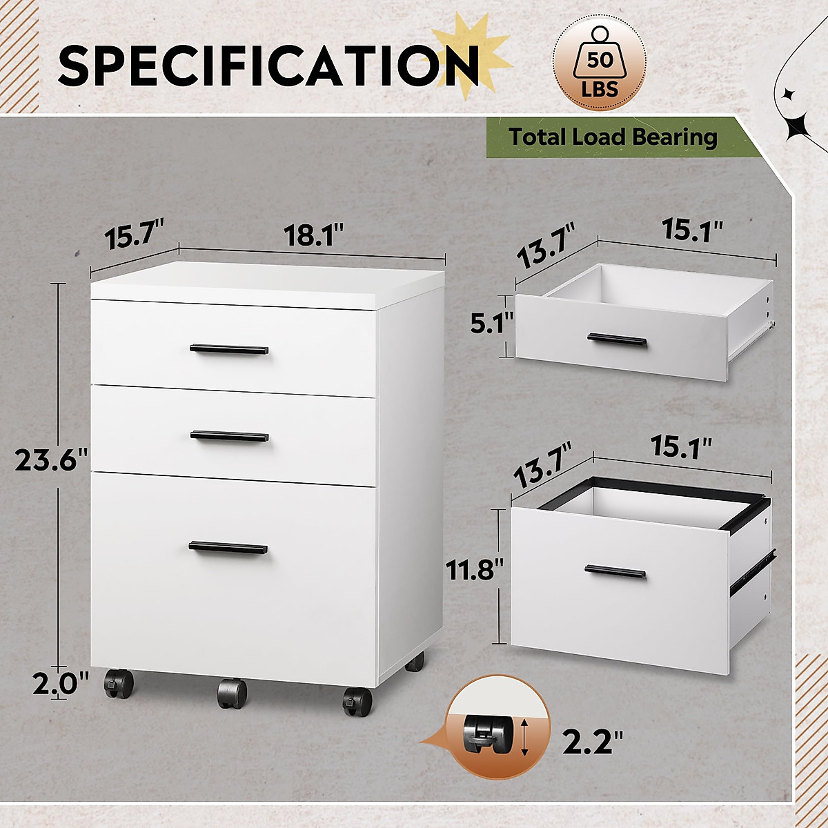DEVAISE 3 Drawer File Cabinet for Home Office, Wood Under Desk Filing Cabinet, Rolling Printer Stand with Wheels, White